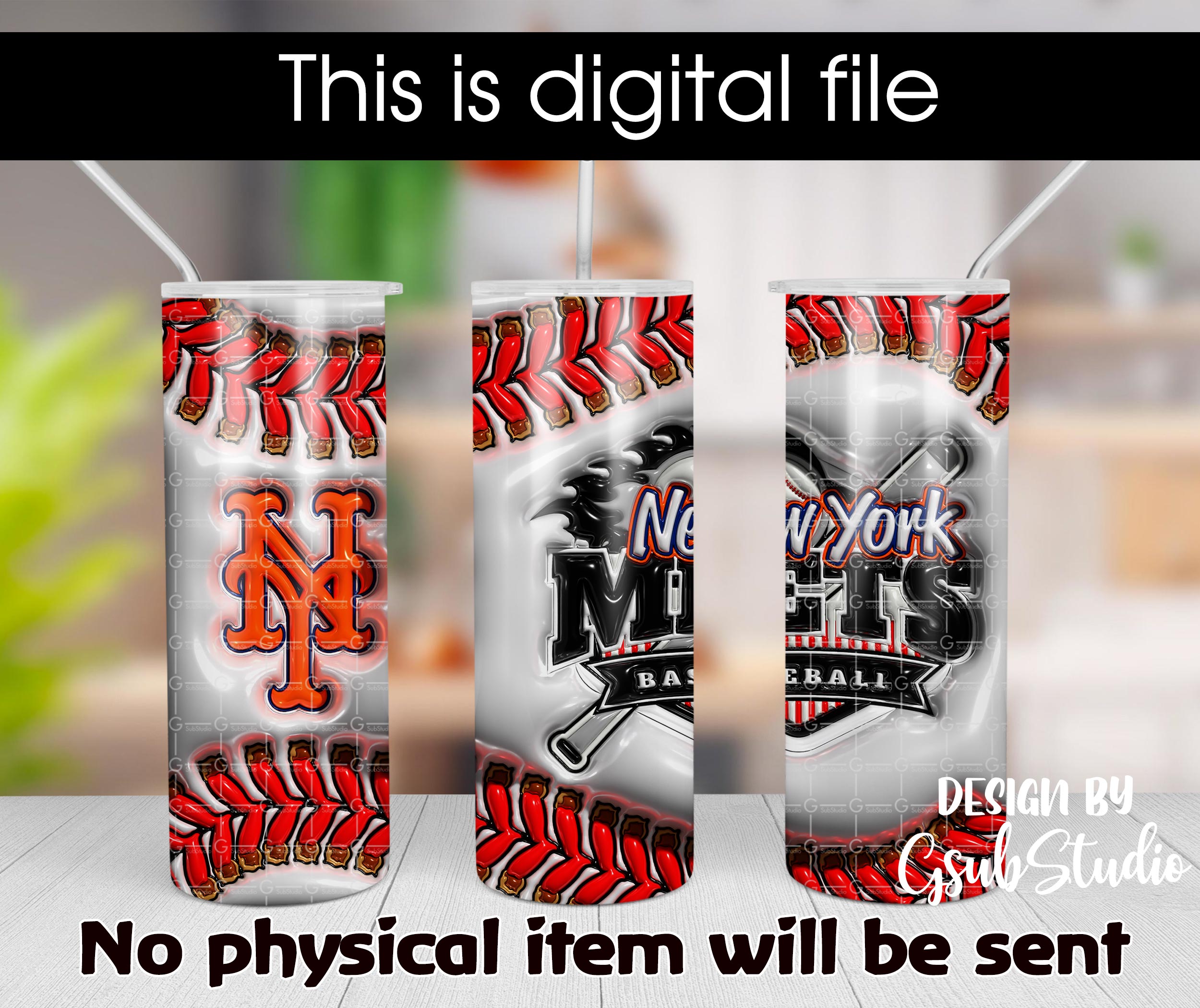 3D Inflated New York Mets Baseball 20oz Tumbler Wrap PNG