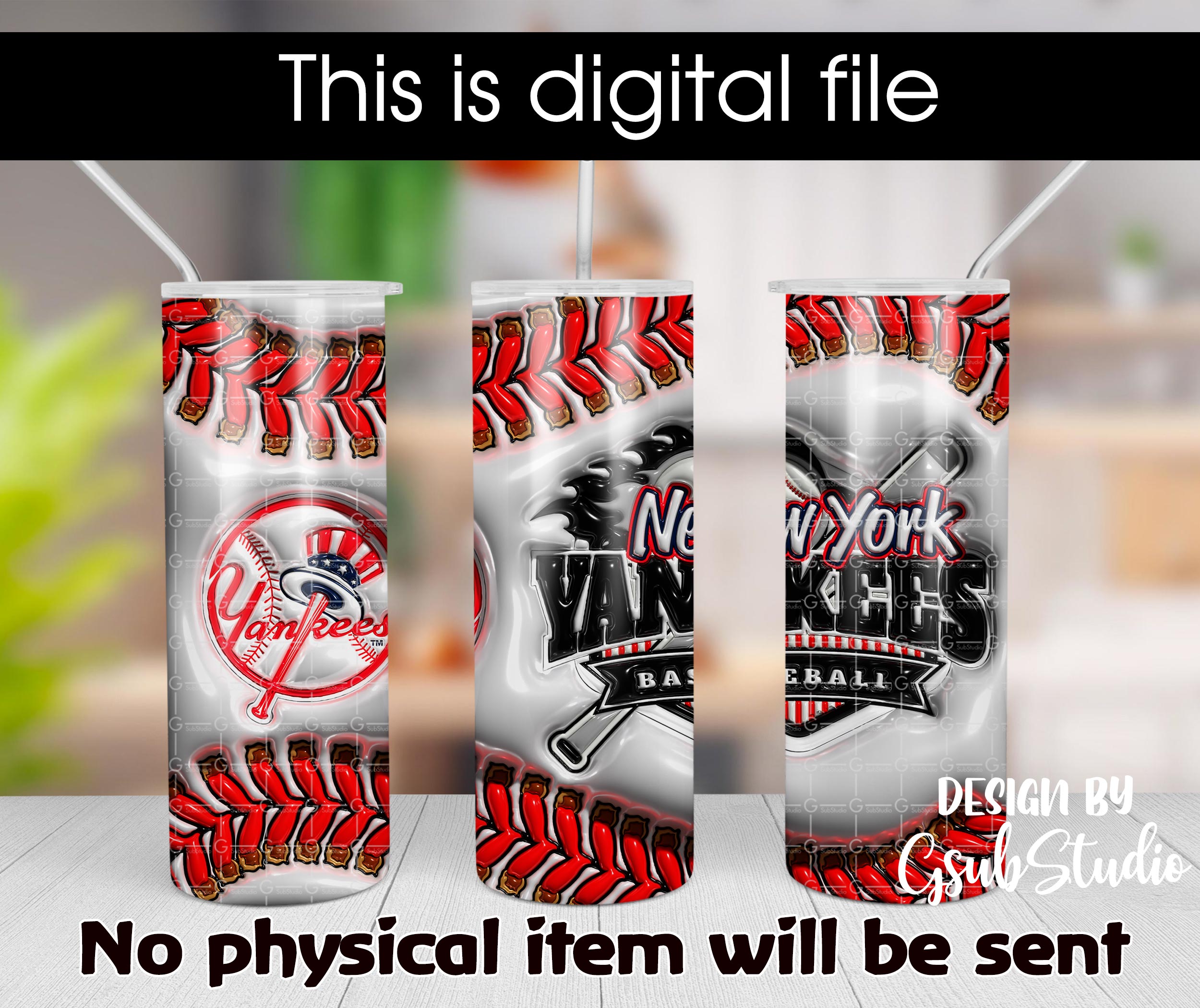 3D Inflated New York Yankees Baseball 20oz Tumbler Wrap PNG